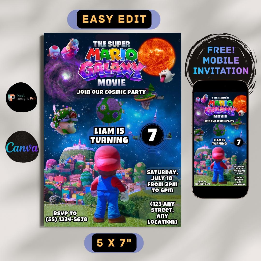 Mario Galaxy Movie Birthday Invitation, Editable in Canva, Instant ...