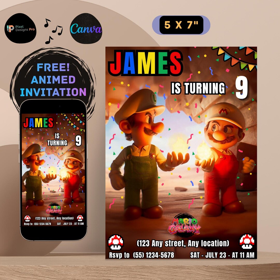 Super Mario Galaxy Movie Themed Birthday Invitation, Fire Mario and ...