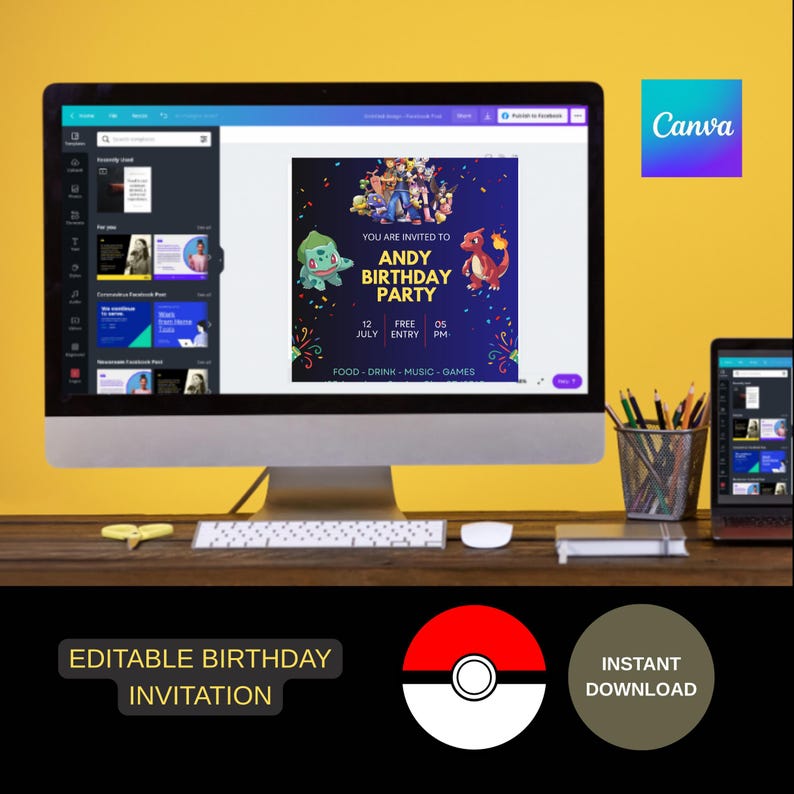 Pokemon themed birthday invitation, editable Canva template (5x7", PDF ...