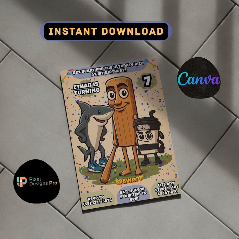 Brainrot Birthday Invitation, Brain Rot Meme Party Invite, Editable ...