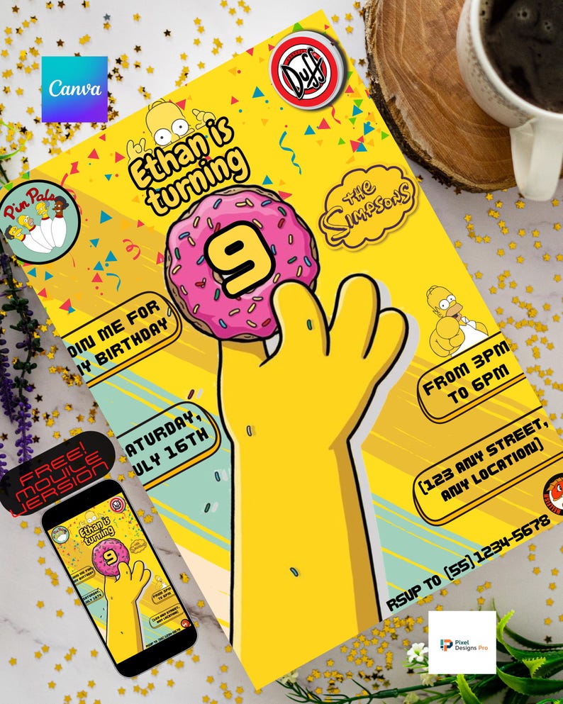 The Simpsons Themed Birthday Invitation, Editable Canva Template (5 X 7 ...