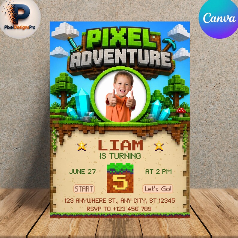 Pixel Adventure Birthday Invitation Template, Editable Video Game Party ...