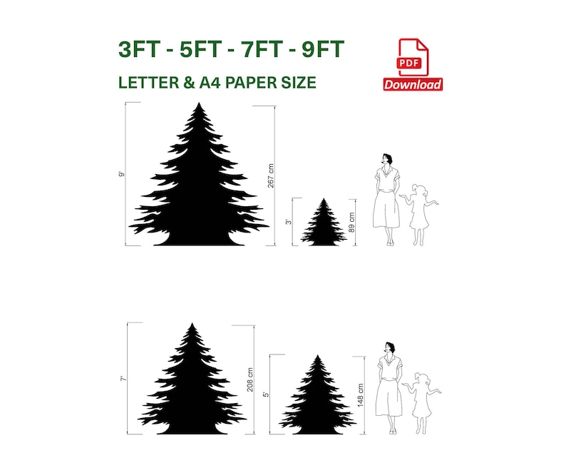 3ft–5ft-7ft-9ft Christmas Tree Template Set | Printable Trace & Cut ...