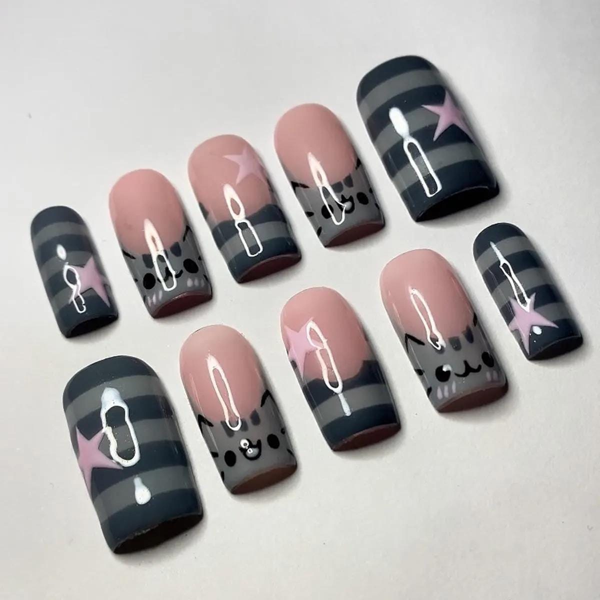 Pusheen Cat Press on Nails, Pink Stars, Kawaii Cartoon Nail Set - Etsy