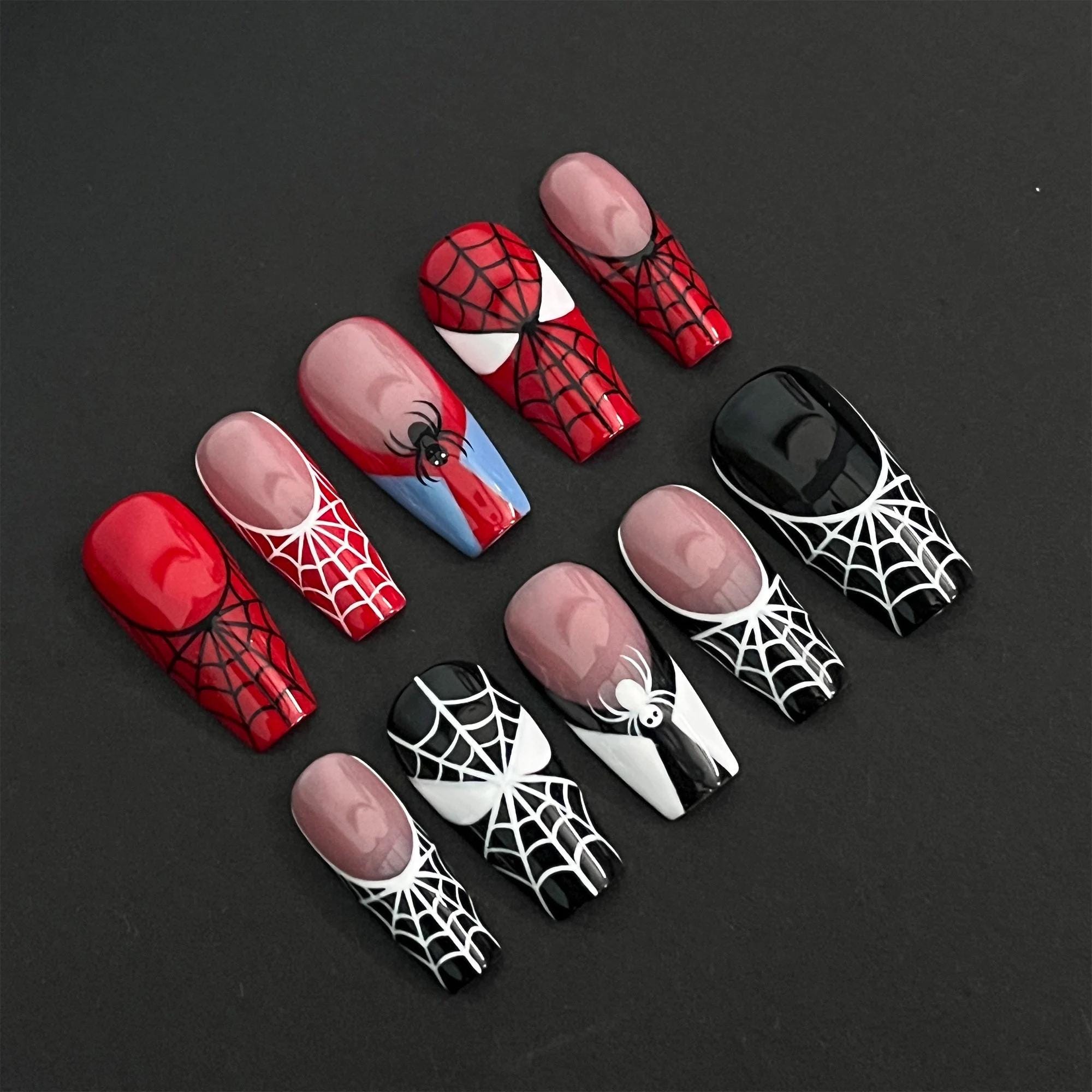 Spider Web Coffin Press on Nails, Black & Red Halloween False Nails - Etsy