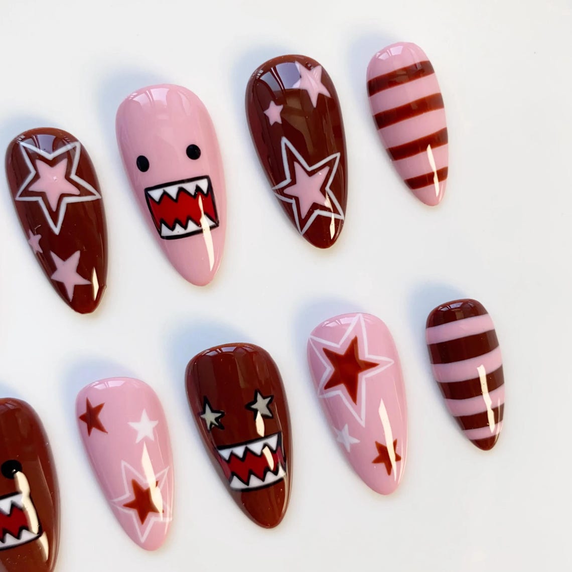 Kawaii Domo Monster Press on Nails | Pink Cartoon Nail Art - Etsy