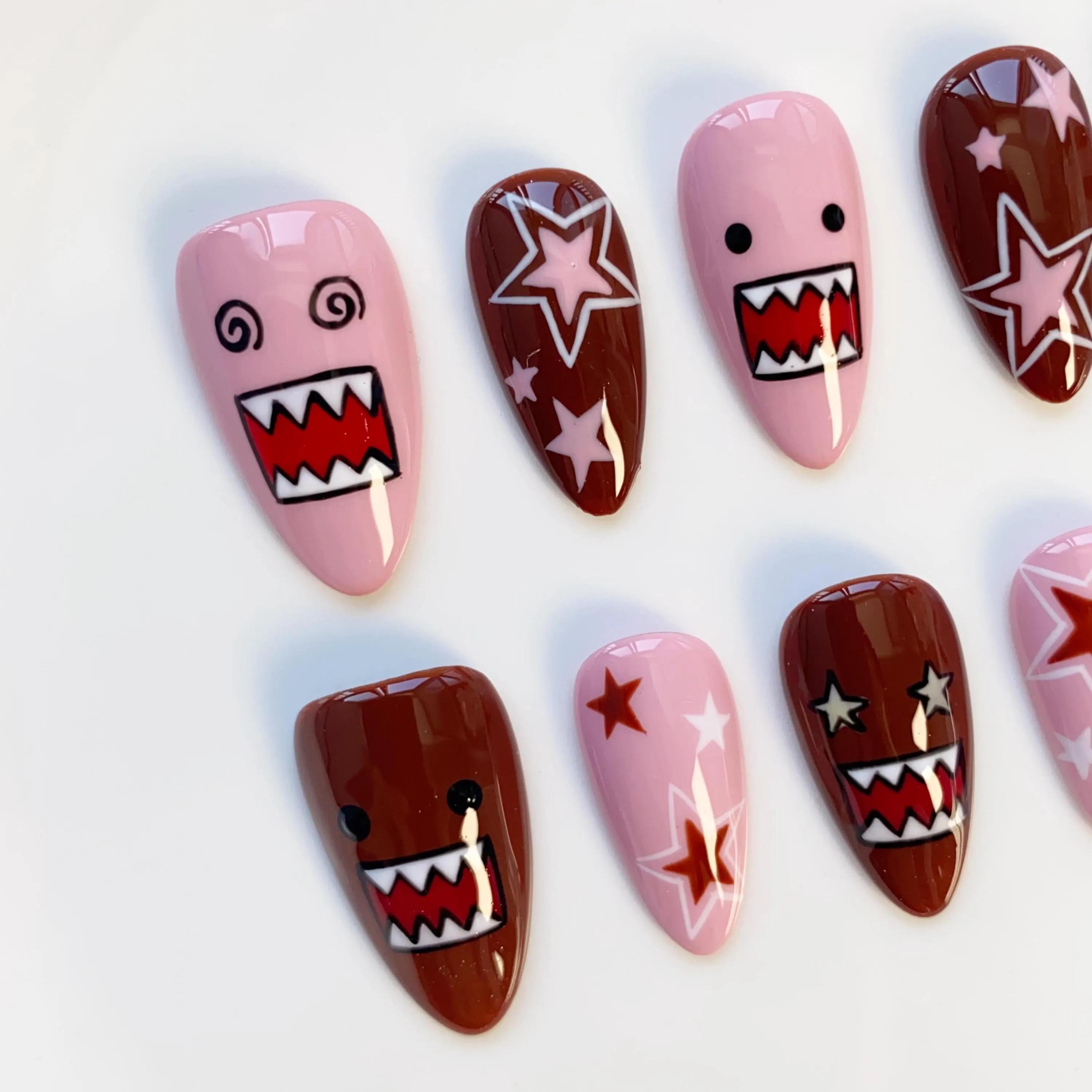 Kawaii Domo Monster Press on Nails | Pink Cartoon Nail Art - Etsy