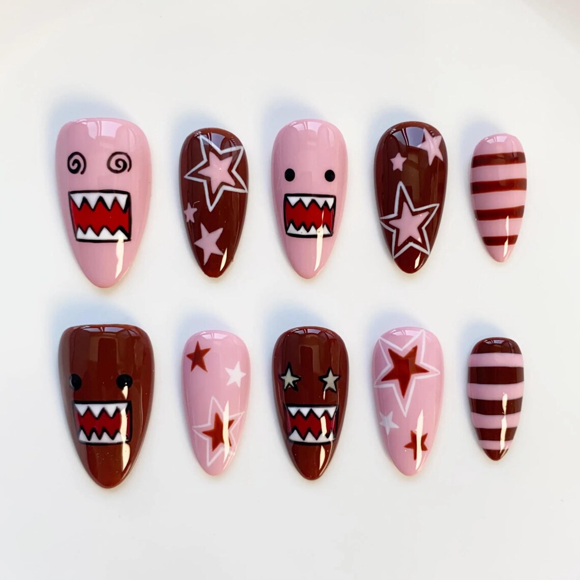 Kawaii Domo Monster Press on Nails | Pink Cartoon Nail Art - Etsy