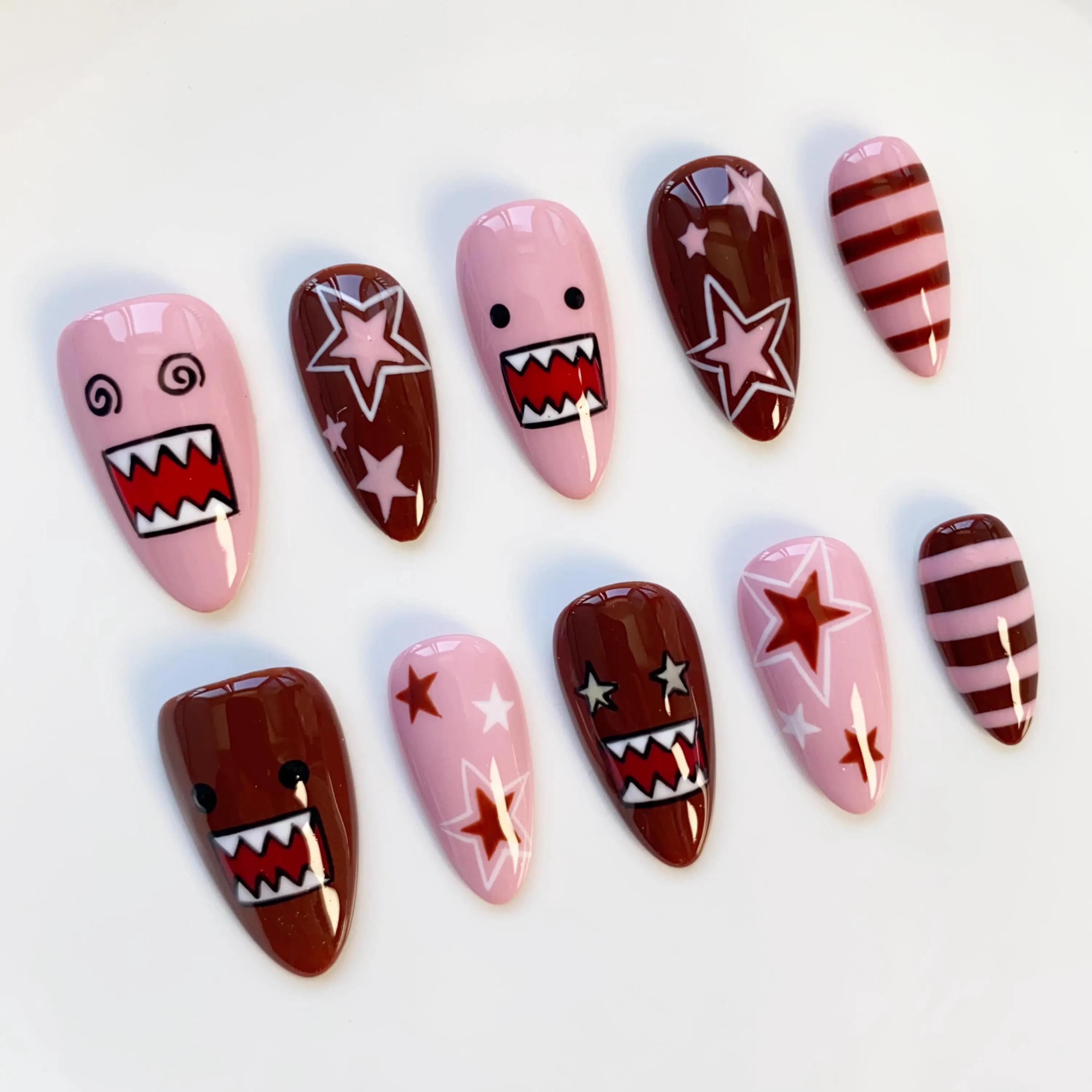 Kawaii Domo Monster Press on Nails | Pink Cartoon Nail Art - Etsy