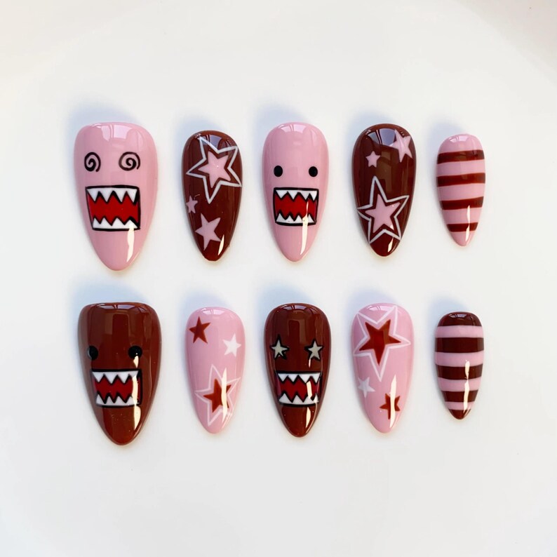 Kawaii Domo Monster Press on Nails | Pink Cartoon Nail Art - Etsy