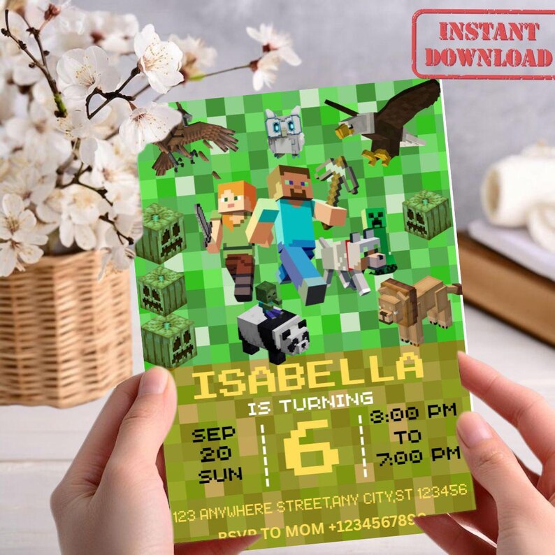 Minecraft Birthday Invitation Template | Editable Pixel Gamer Party ...