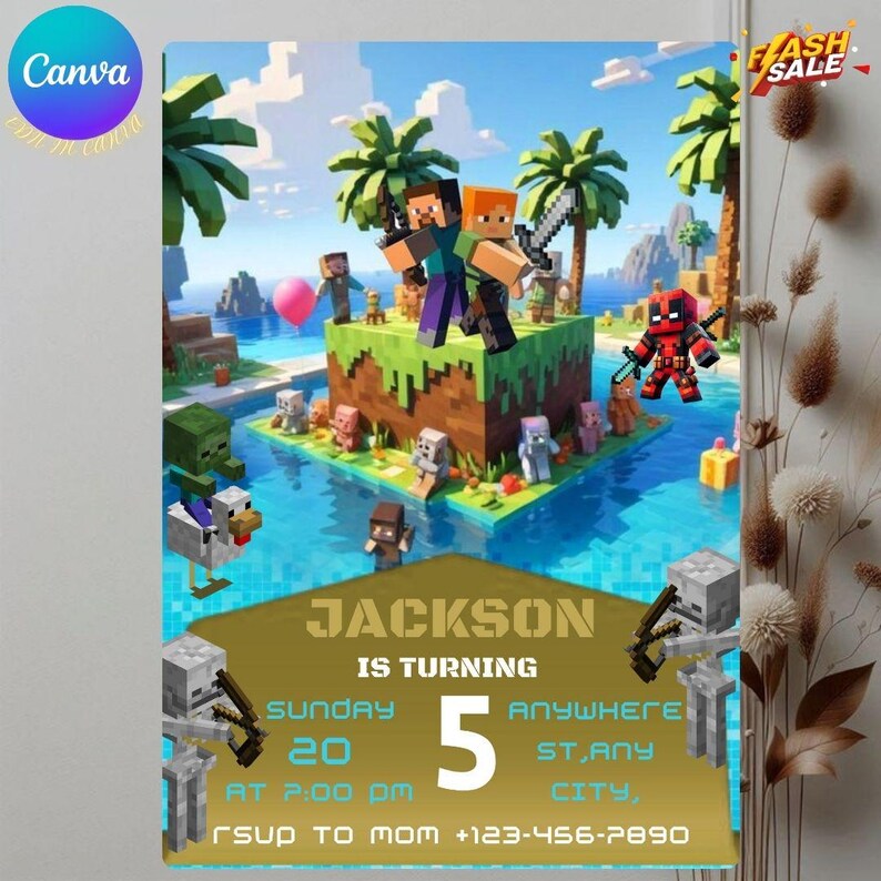 Editable Pixel Block Birthday Invitation | Crafter Boys Party Template ...