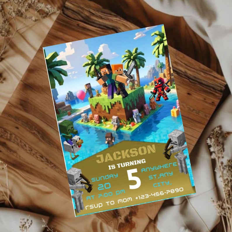 Editable Pixel Block Birthday Invitation | Crafter Boys Party Template ...