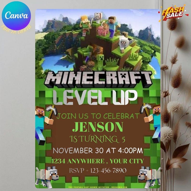 Editable Pixel Block Birthday Invitation | Minecraft Gamer Party Card ...