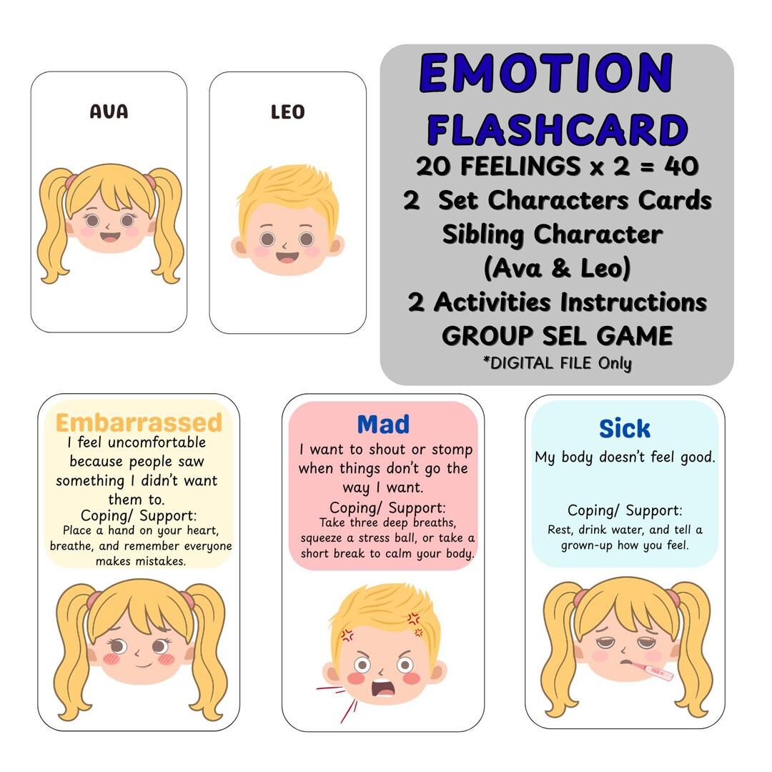 20 Feelings 2 Character Sibling | Emotion SEL Learning Flashcard ...