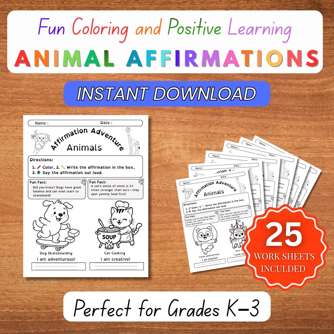 Animal Affirmation Coloring Pages for Kids – 25 Page Mindfulness Calm ...