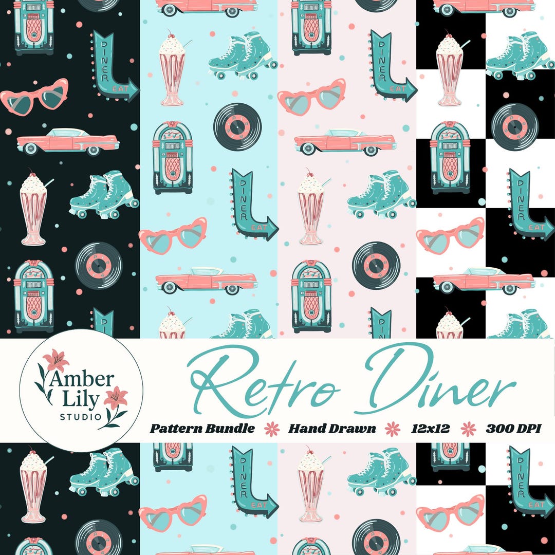 Retro Diner Seamless Pattern Bundle, 1950s Rockabilly Hand Draw Design ...