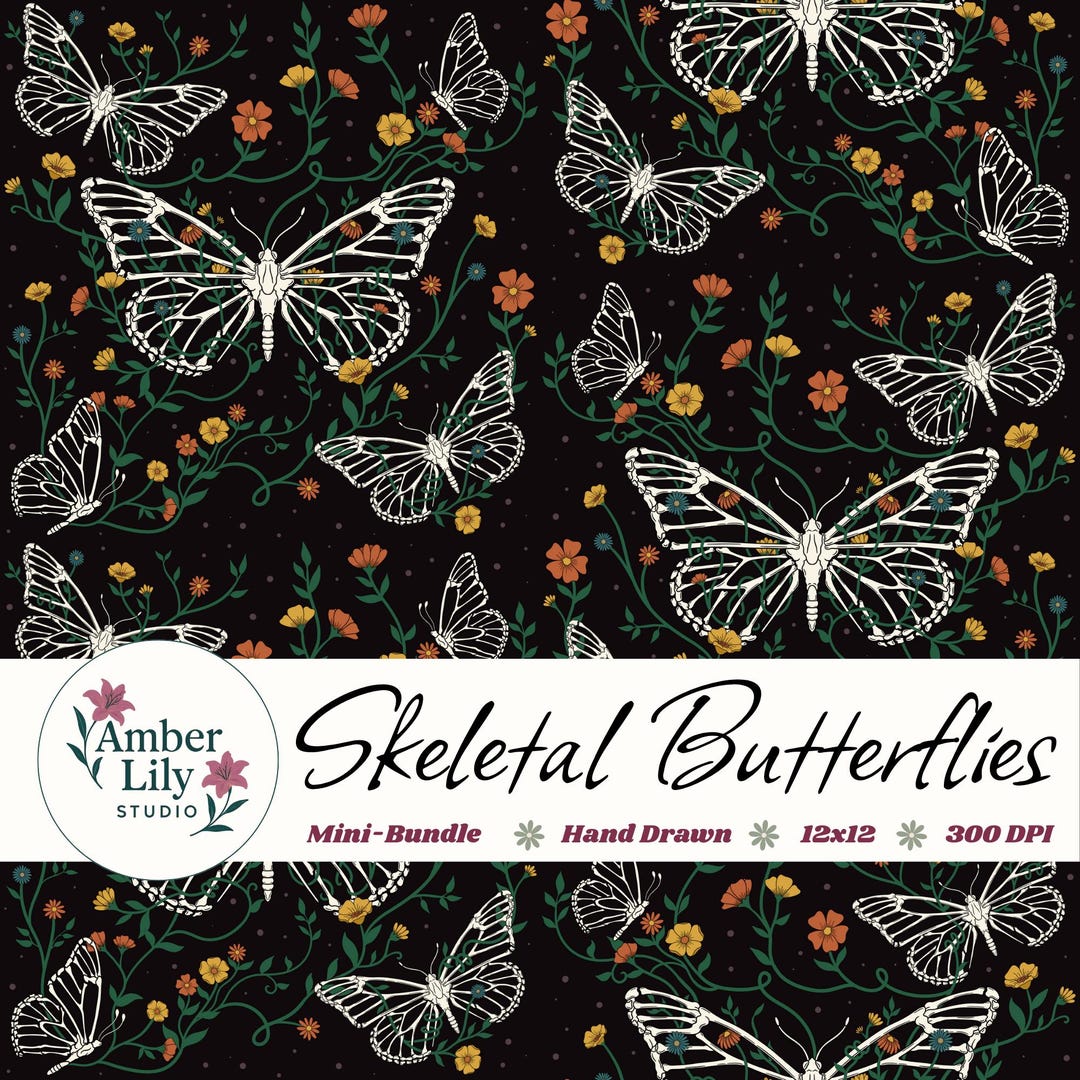 Skeleton Butterfly Seamless Pattern, Hand Drawn PNG, Dark Botanical ...