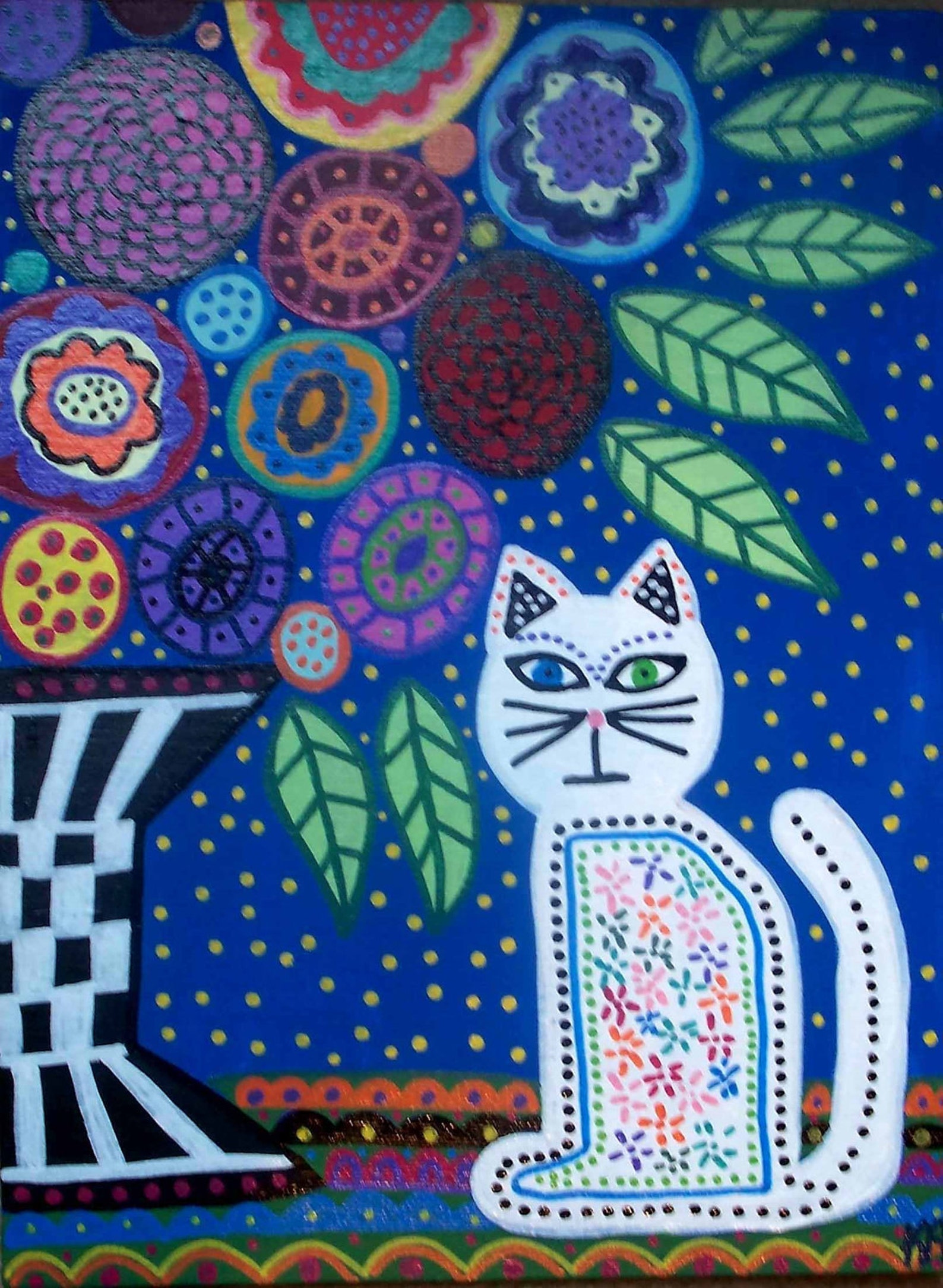 Kerri Ambrosino Art PRINT Mexican Folk Art White Cat and Flowers - Etsy
