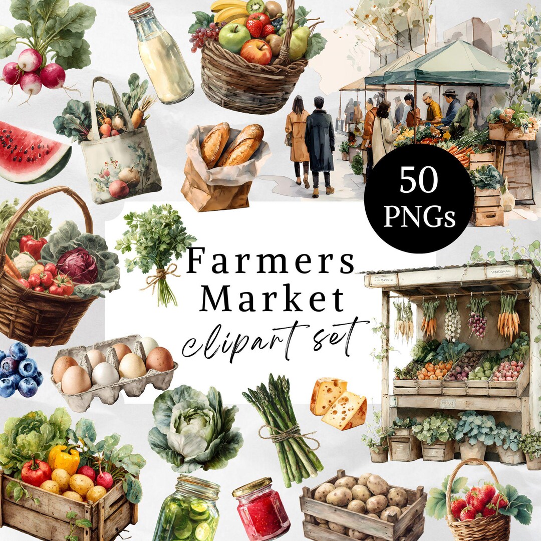 Farmers Market Clipart Watercolor Fruits Vegetables Herbs Rustic Food ...