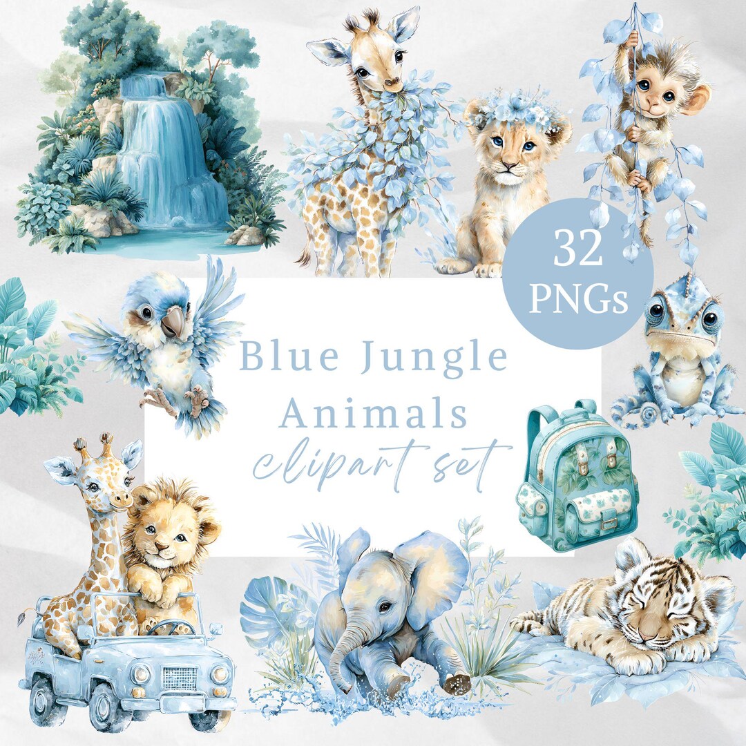 Watercolor Blue Jungle Animals Clipart, Safari Clip Art Set, Boho Baby ...