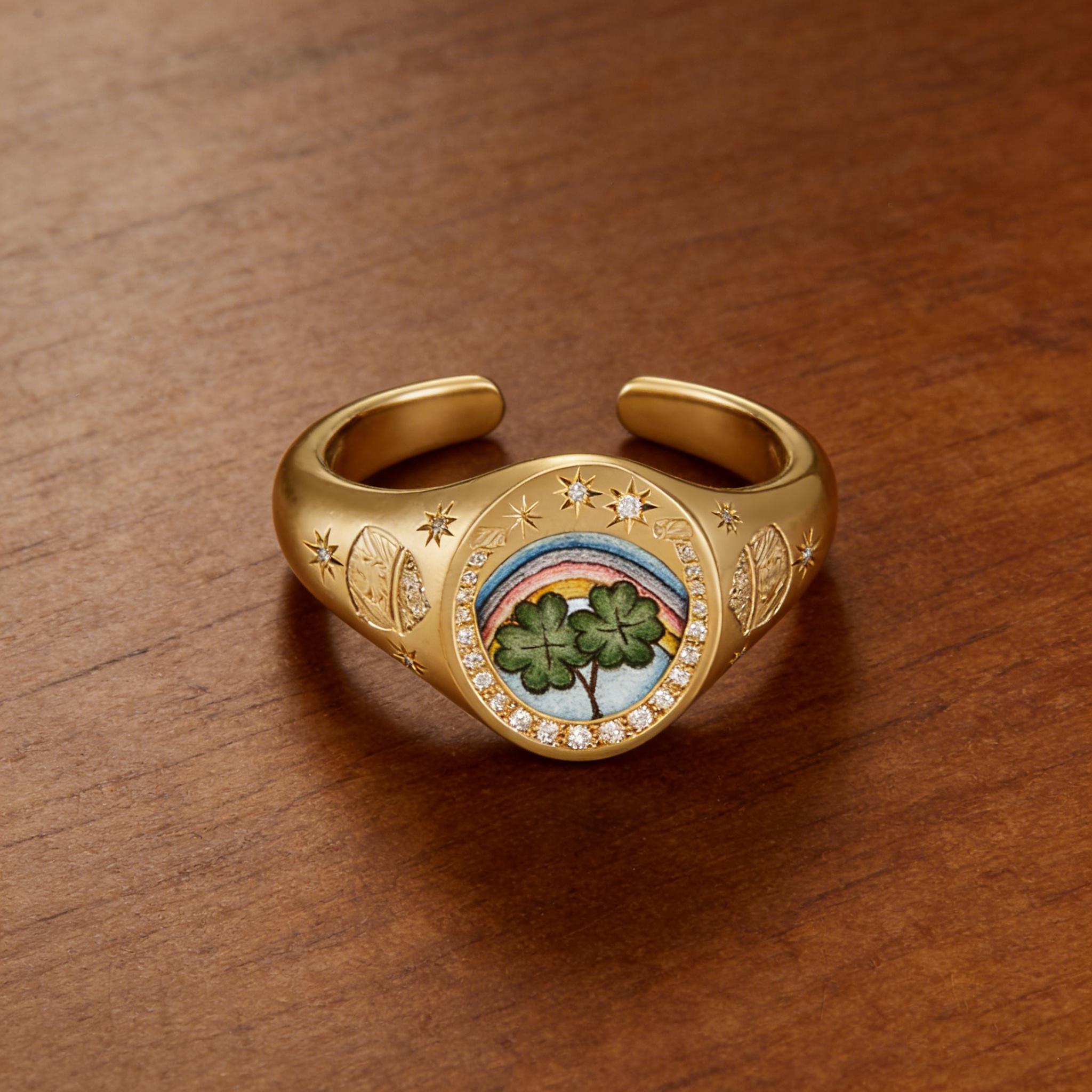 Enamel Four-leaf Clover Adjustable Ring, Gold Lucky Open Band - Etsy
