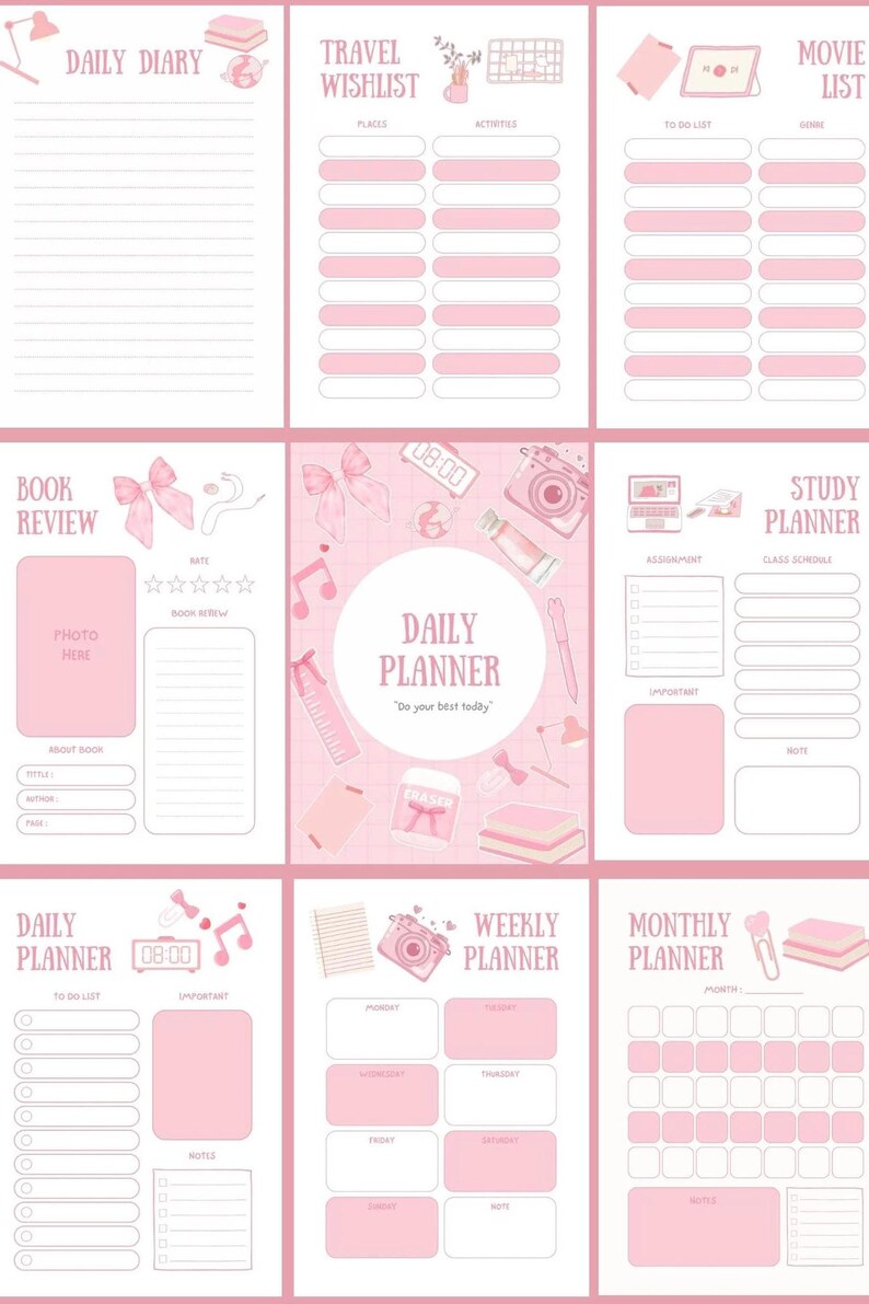 Pink Daily Planner Bundle, 10 Pages Printable Planner, Instant Download ...