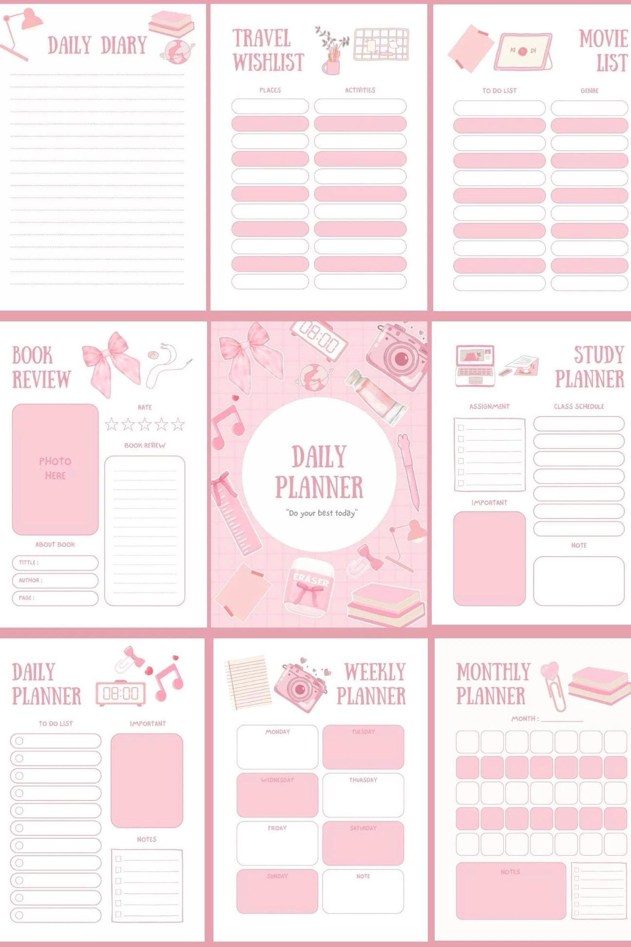 Pink Daily Planner Bundle, 10 Pages Printable Planner, Instant Download ...