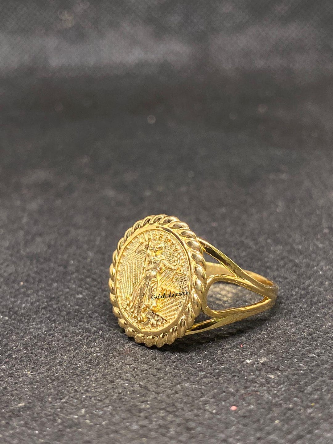 Lady Liberty Coin Ring, 14K Yellow Gold Plated, Art Deco Engagement ...