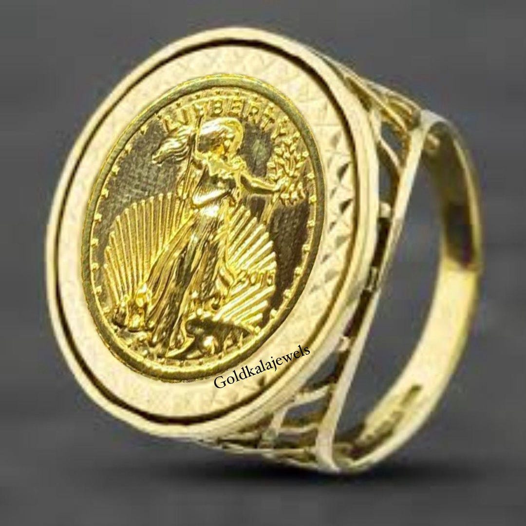 American Liberty Coin Ring: 14k Yellow Gold Plated Vintage Style Signet ...