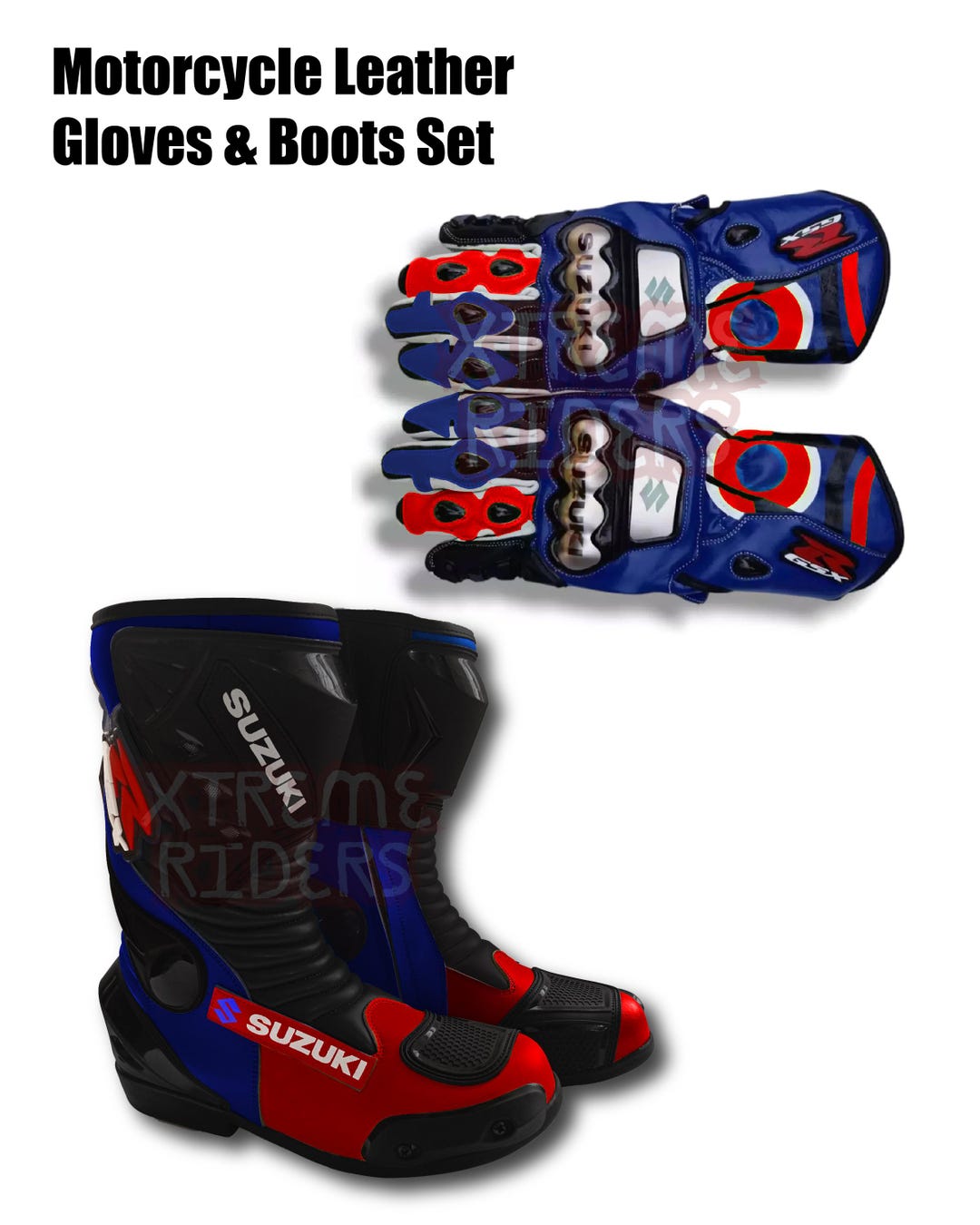 Suzuki Motorcycle Racing Boots and Gloves Set: Cowhide Leather, Carbon ...