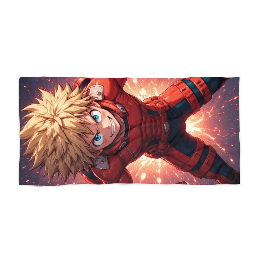 Explosive Anime Boy Beach Towel | Vibrant Hero Character, Red Suit - Etsy