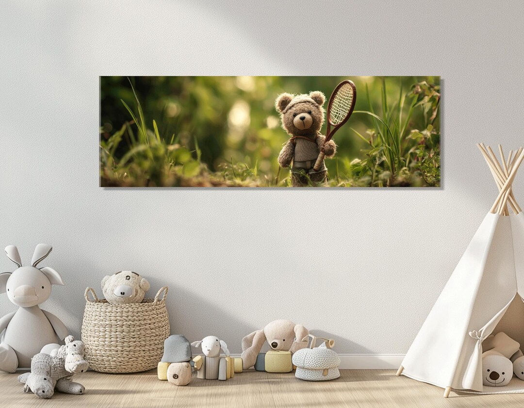 Charming Teddy Bear Canvas Print With Tennis Racket Canvas Wall Art ...