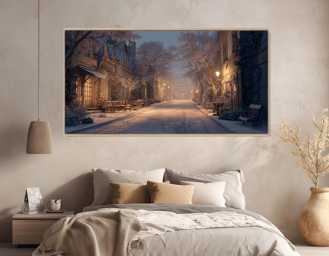 Winter Street Snow Scene Canvas Print With Cozy Lights, Ready to Hang ...