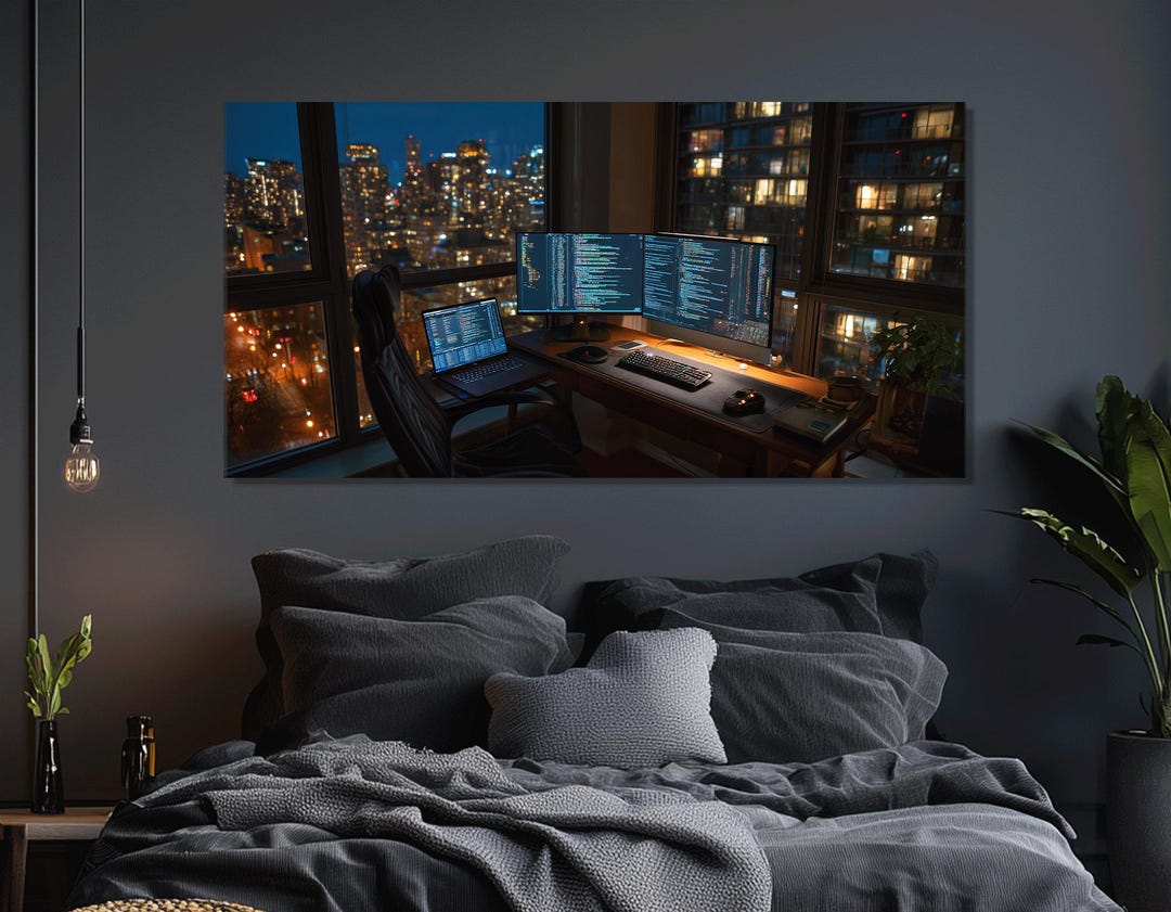 Software Developer Desk at Night Canvas Print With City View, Ready to ...
