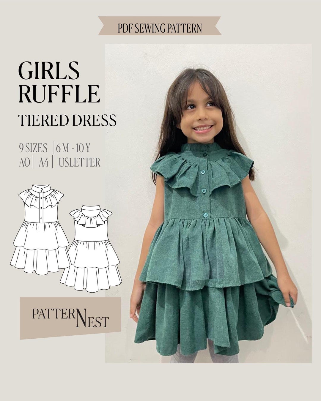 Girls Ruffle Tiered Dress Sewing Pattern PDF | Cottagecore Girls Dress ...