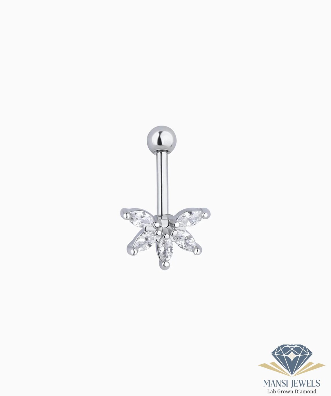 Five Petal Flower Vertical Helix Stud | 14K Gold Marquise Cut Diamond ...