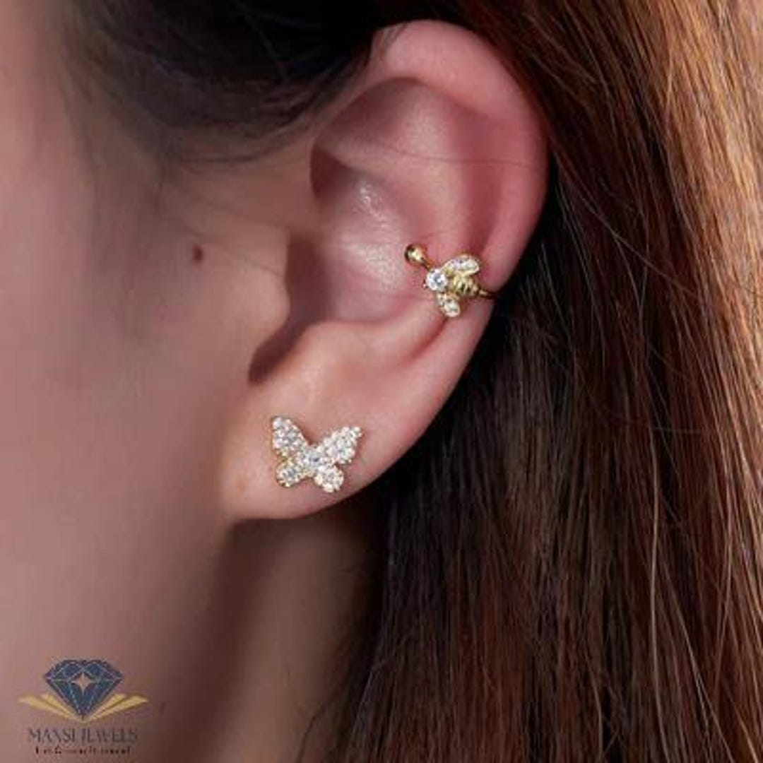 14K Gold Diamond Bee Ear Cuff – Dainty Honeybee Open Adjustable Non ...