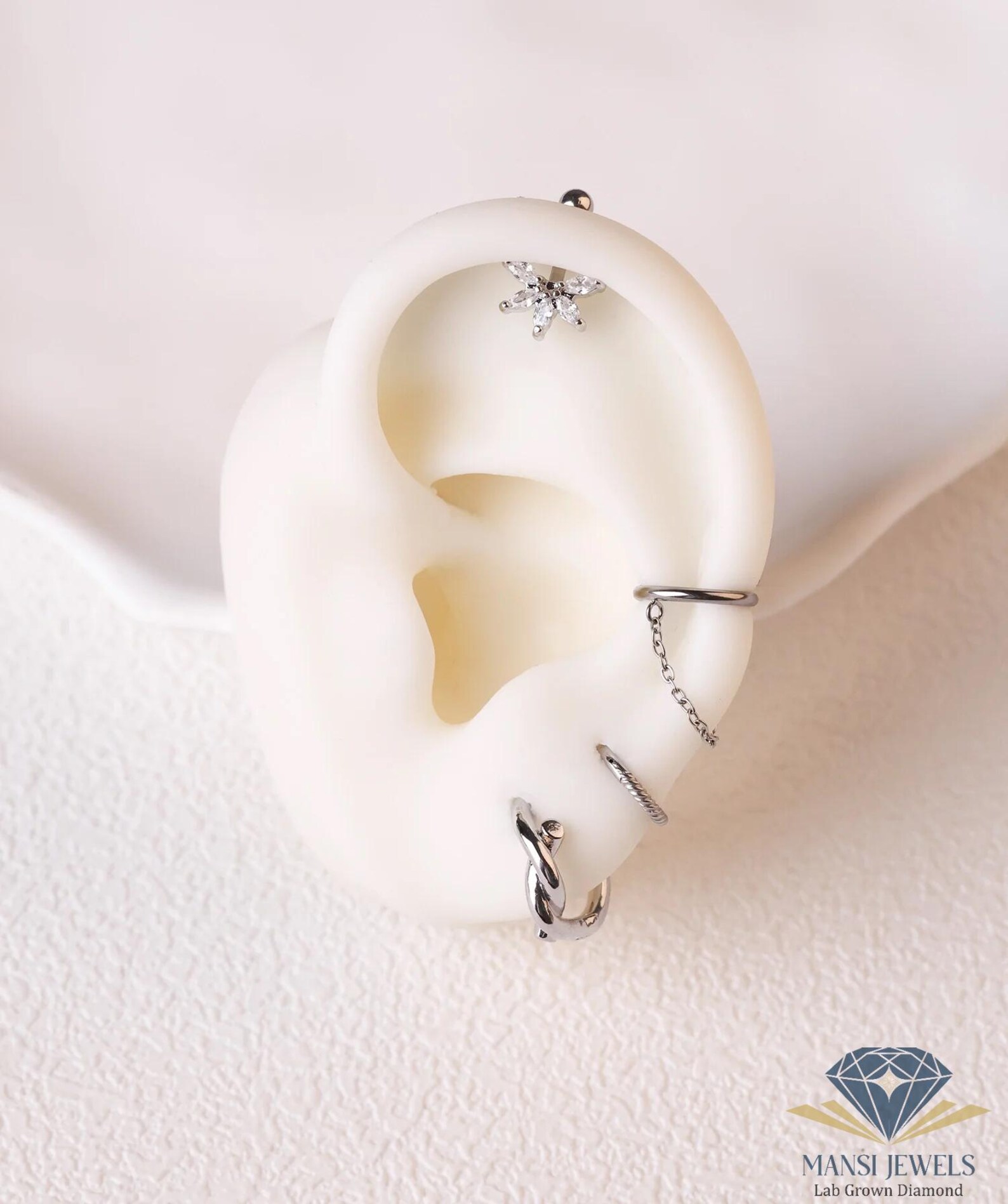 Five Petal Flower Vertical Helix Stud | 14K Gold Marquise Cut Diamond ...