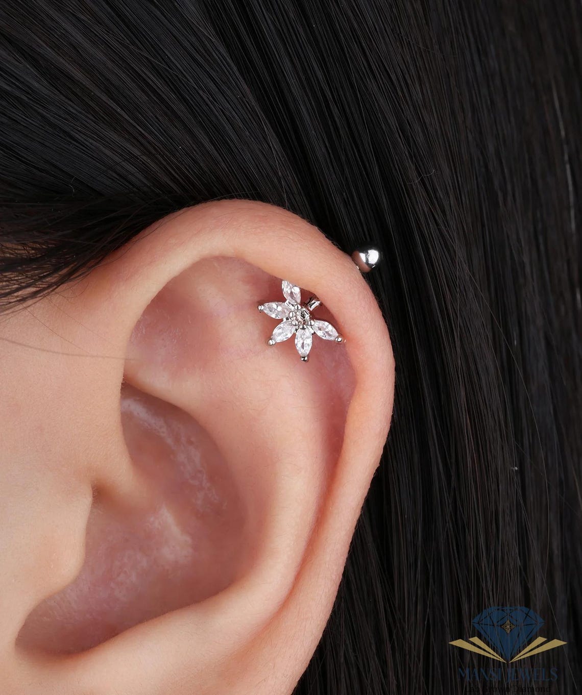 Five Petal Flower Vertical Helix Stud | 14K Gold Marquise Cut Diamond ...