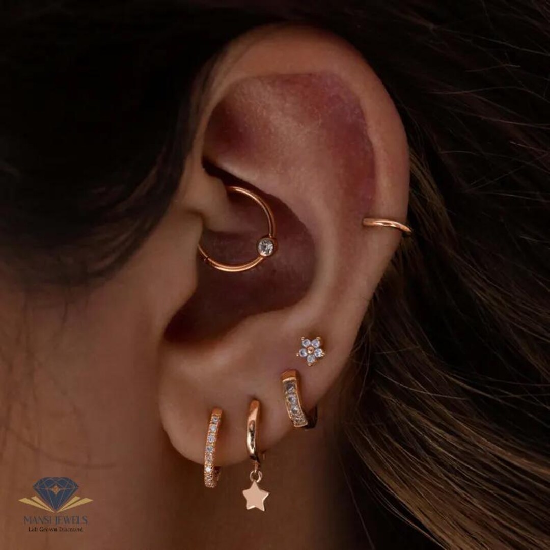 14K Gold Round Diamond Bezel Clicker Ring | Minimal Daith Helix Septum ...