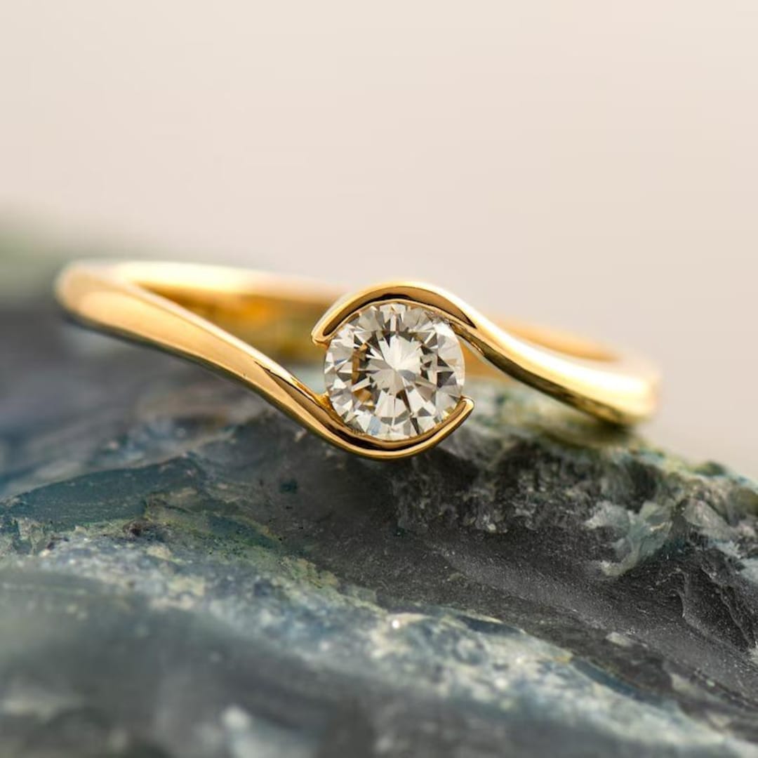 14K Gold Swirl Lab Grown Diamond Engagement Ring • Dainty Solitaire ...