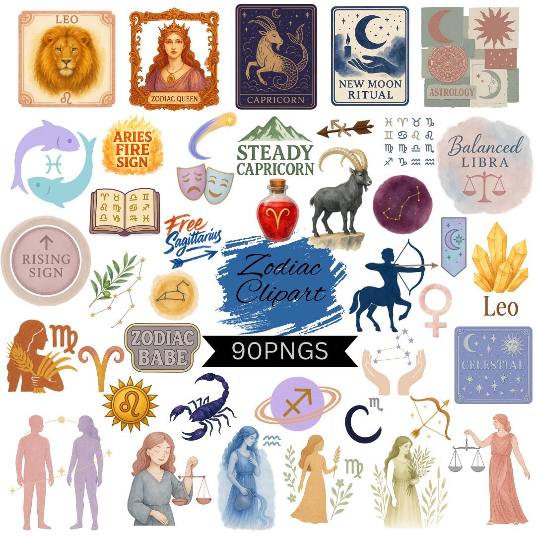 Zodiac Clipart Bundle 90+ PNG Watercolor Astrology Signs Horoscope ...