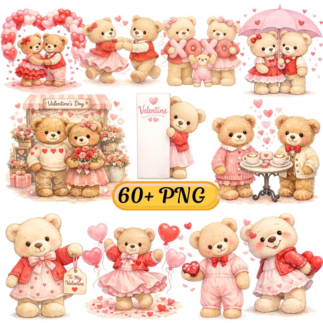 60+ Valentine Teddy Bear Clipart Bundle, Watercolor Couple Bears ...