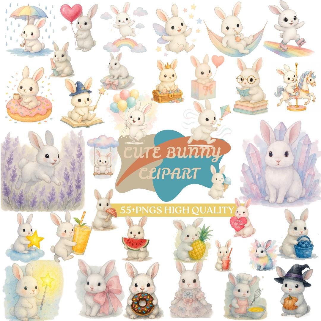 Watercolor Bunny Clipart Bundle | 55+ Kawaii Pngs - Etsy
