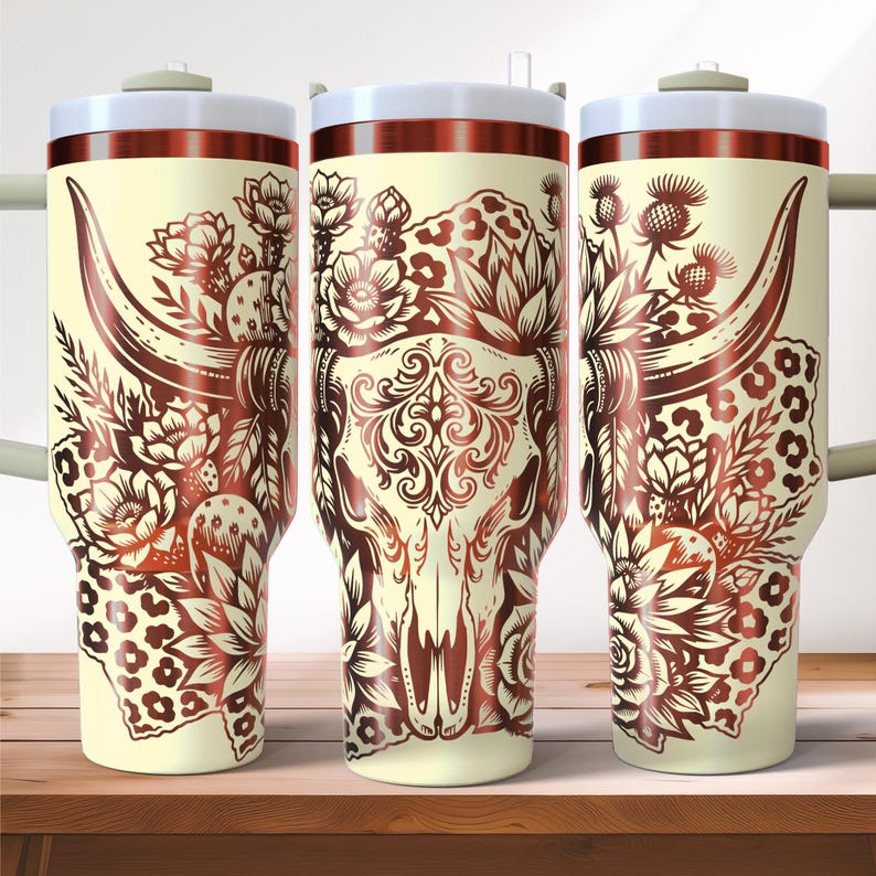 Bull Skull Tumbler Wrap SVG, Western Floral Laser Engraving File 40oz ...