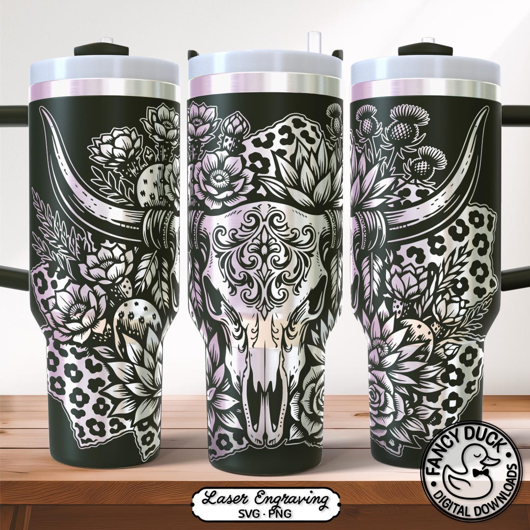 Bull Skull Tumbler Wrap SVG, Western Floral Laser Engraving File 40oz ...
