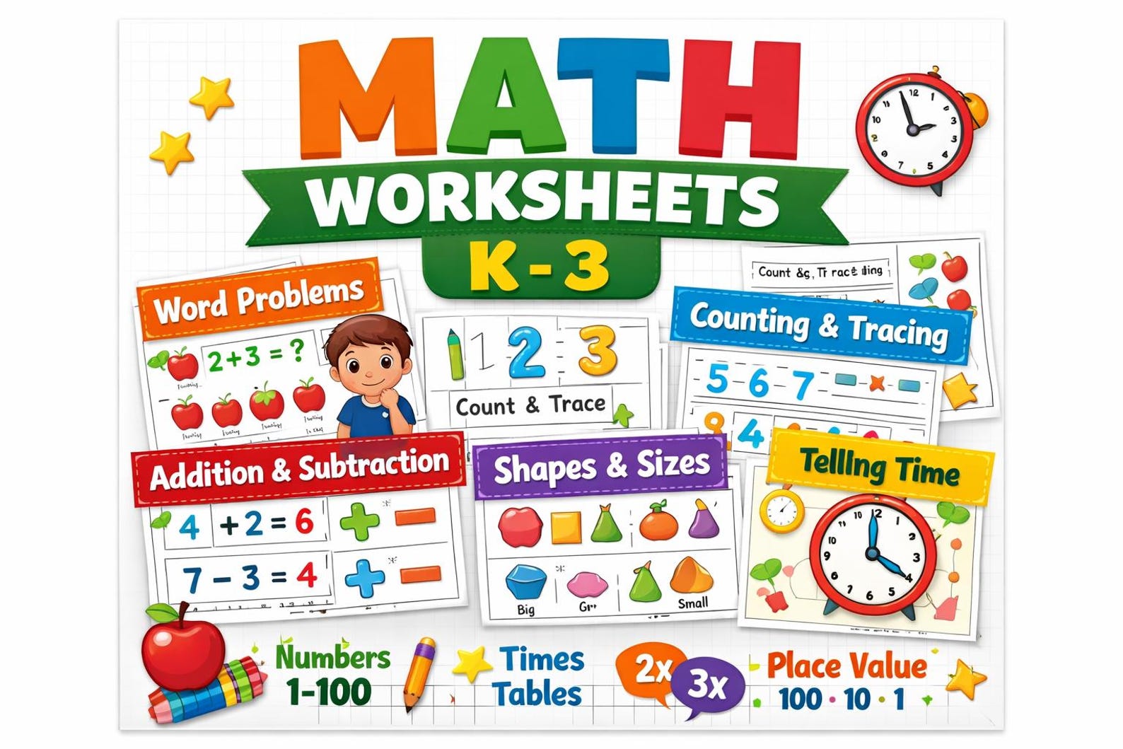 K-3 Math Worksheets Bundle | Addition, Subtraction, Time, Shapes ...