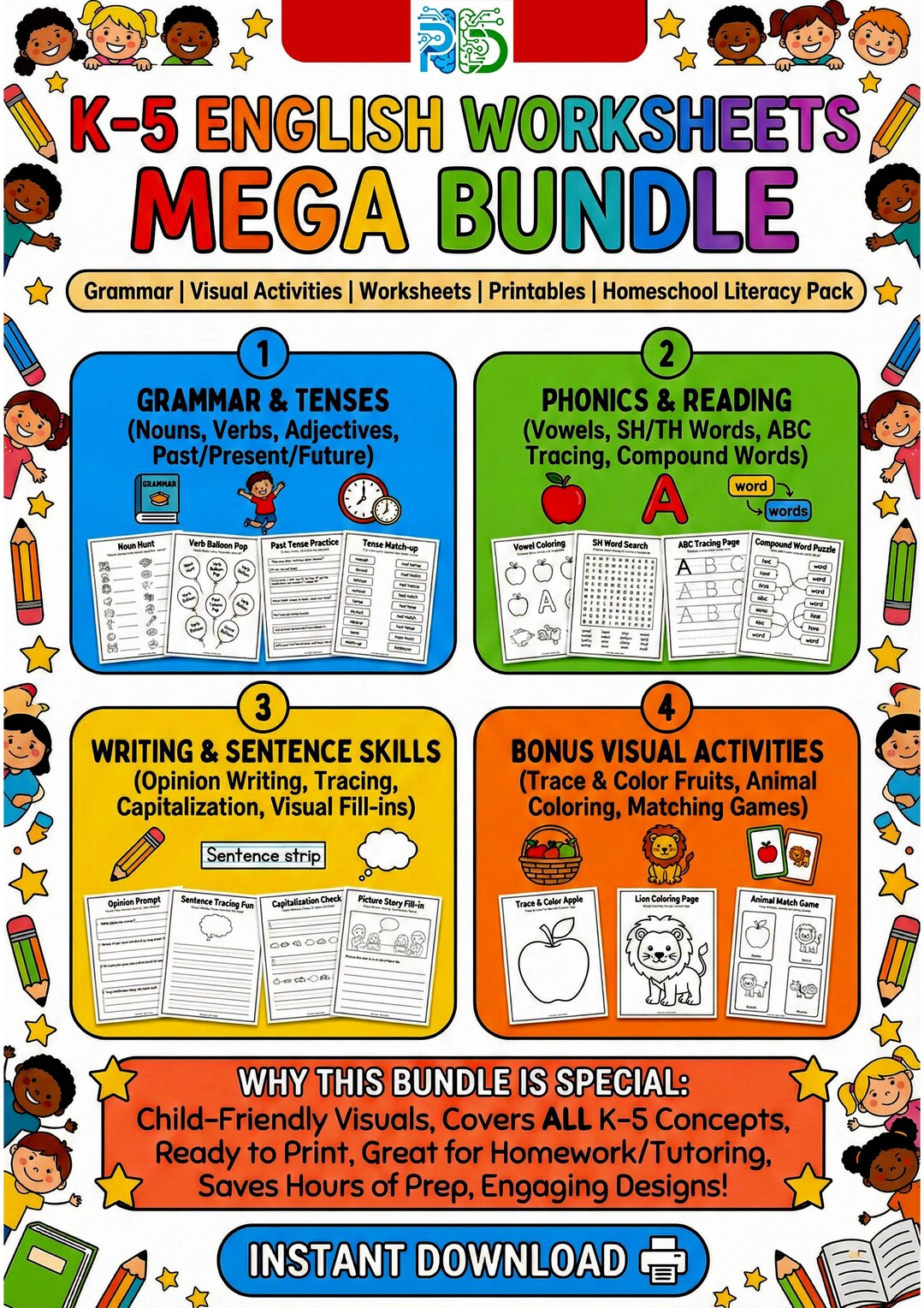 K-5 English Worksheets Mega Bundle | Grammar, Visual Activities ...