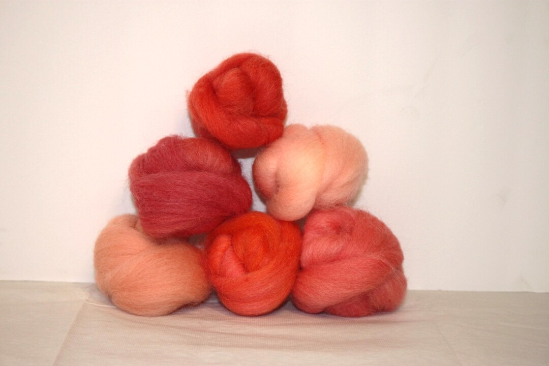 Wooly Buns in Ruby Red Grapefruit, Wool Roving Assortment, 6 Piece Hand ...